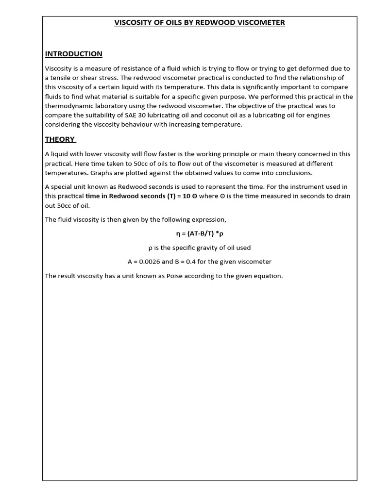 Viscosity of Oils by Redwood Viscometer | PDF