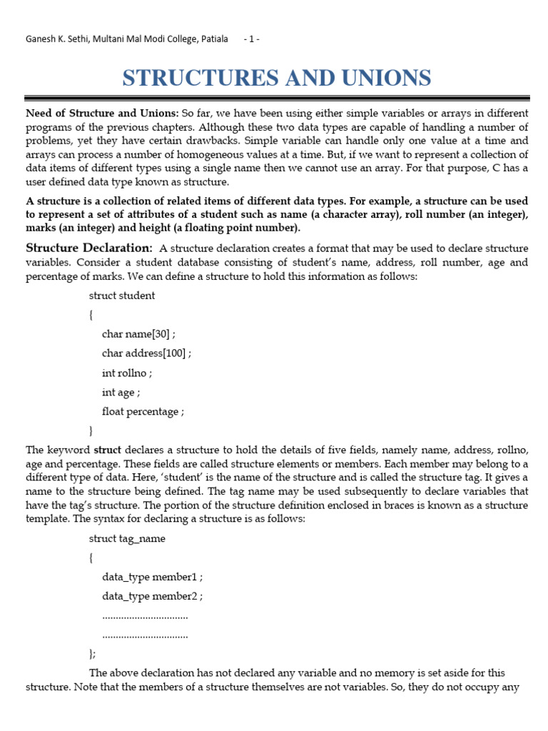Chapter 10 Structure and Unions | PDF | Variable (Computer Science) | Data