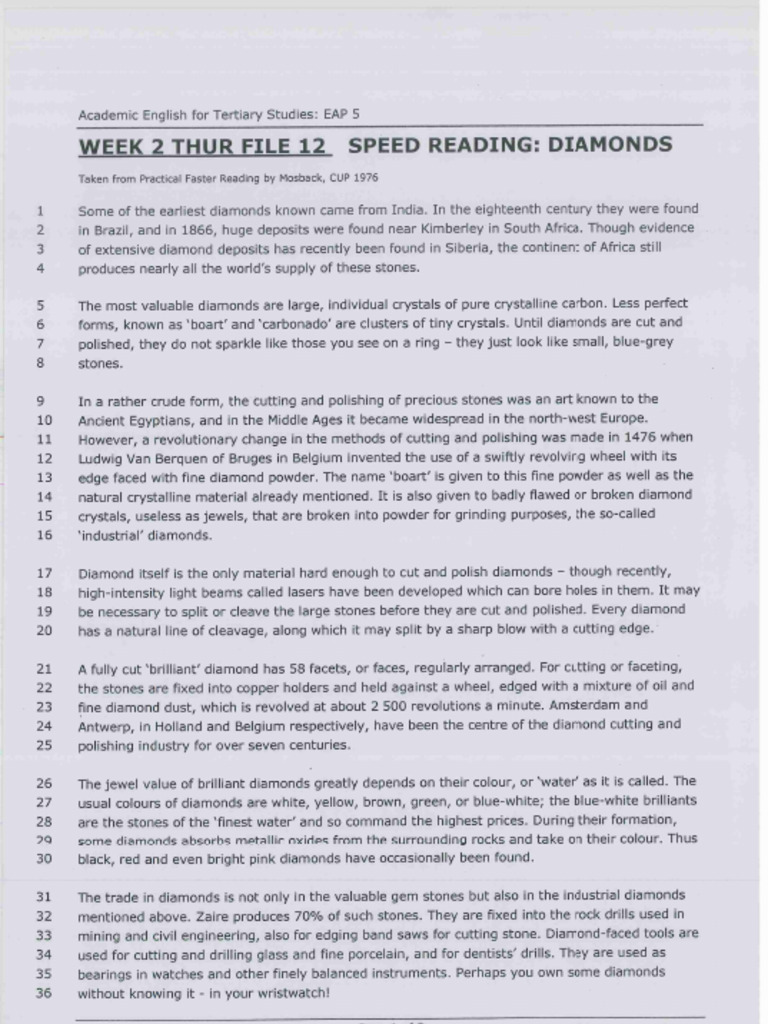 EAP5 Week 2 Thu F12 Speed Reading Diamonds - NO ANSWERS | PDF