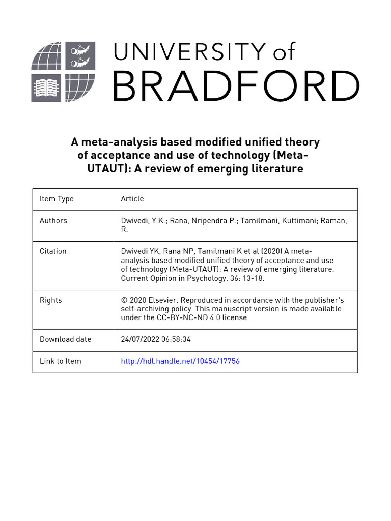 A Meta Analysis Based Modified Unified Theory Of Acceptance And Use Meta Utaut Areview Pdf