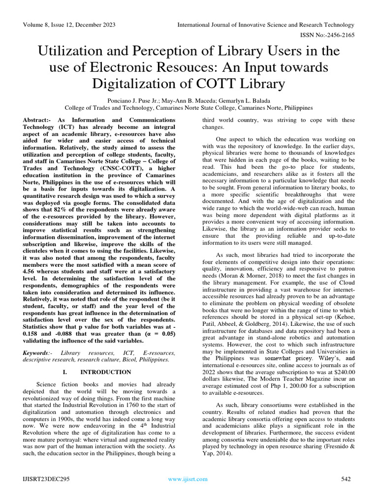 Utilization and Perception of Library Users in the use of Electronic Resouces: An Input towards ...