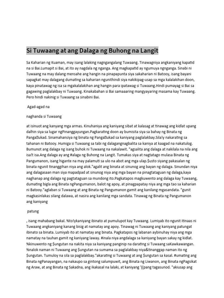 Si Tuwaang at Dalaga Buhong Langit | PDF