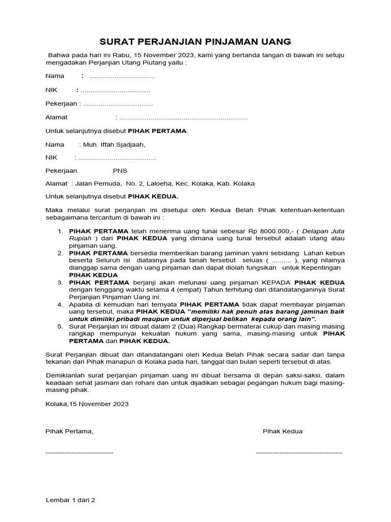 Contoh Surat Perjanjian Pinjaman Uang Rumahcom | PDF