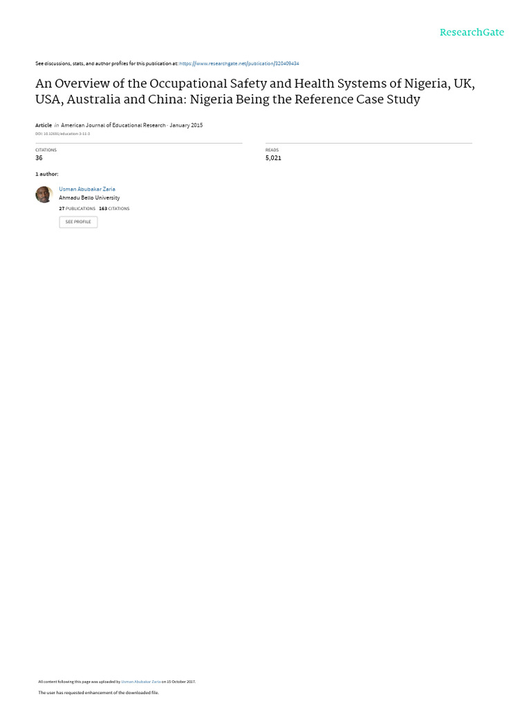 An Overview of The Occupational Safety and Health Systems of Nigeria, UK, USA, Australia and ...