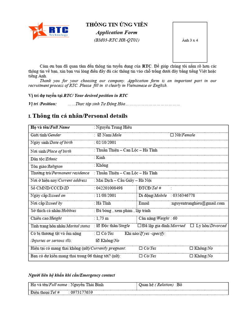 BM03 RTC - HR QT01 - NguyenTrungHieu | PDF