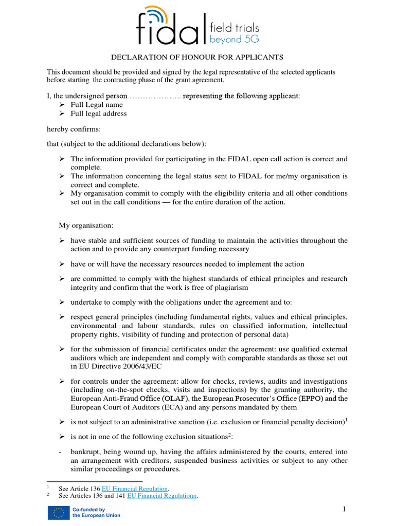 FIDAL - Declaration of Honour for Applicants_PDF | PDF | European Union ...