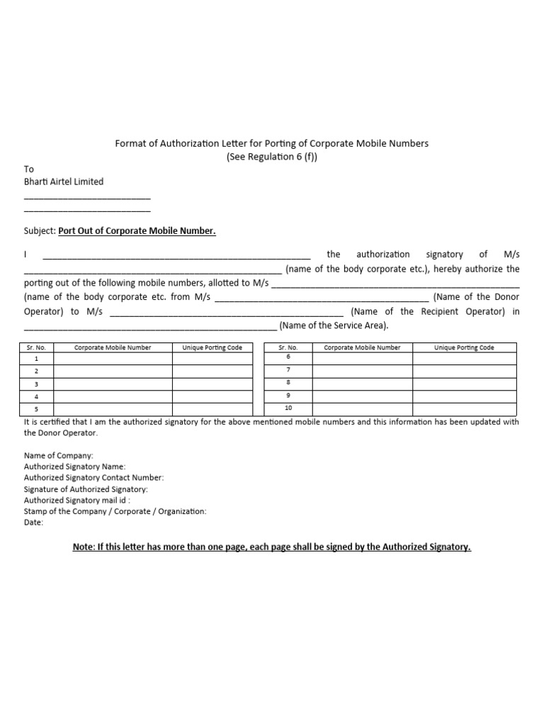 Format of Authorization Letter For Porting of Corporate Mobile Numbers ...