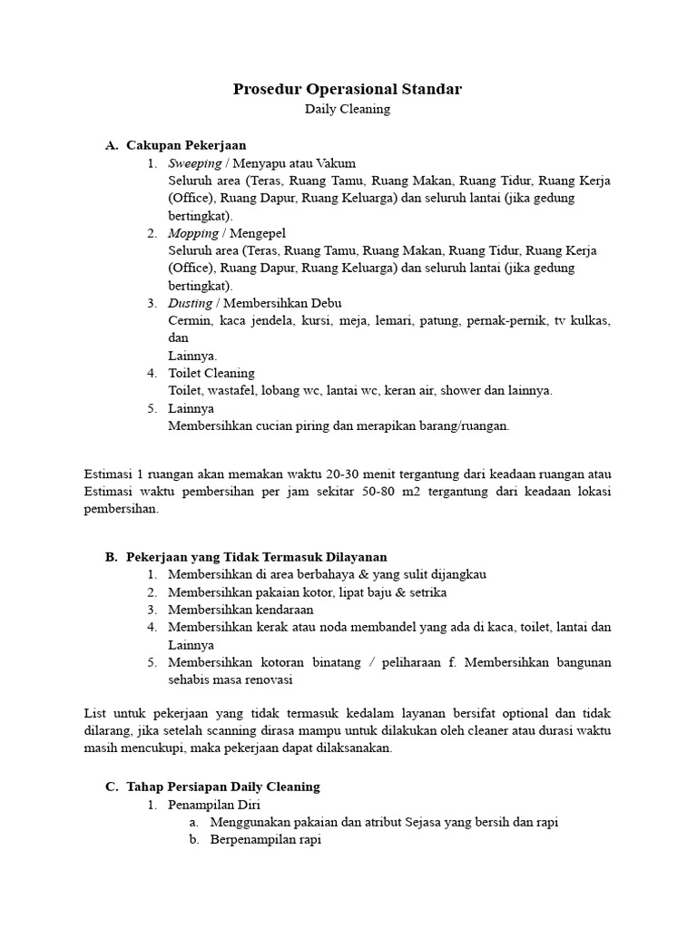 SOP Daily Cleaning 2023 | PDF | Kajian Bahasa Asing | Griya & Taman