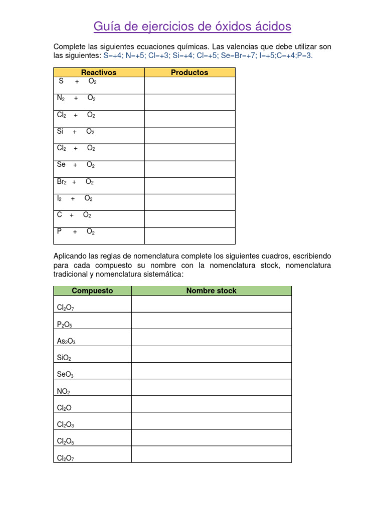 Guía de Ejercicios de Óxidos Ácidos | PDF Guía de Ejercicios de Óxidos Ácidos | PDF