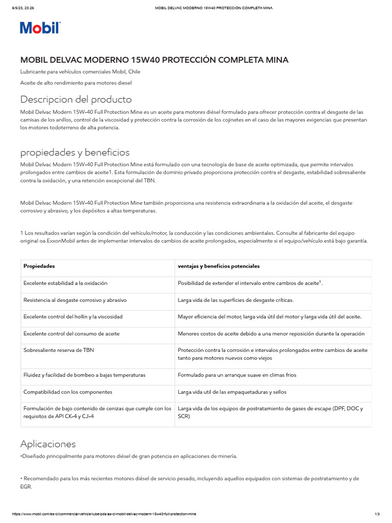 Mobil Delvac Moderno 15W40 Protección Completa Mina | PDF