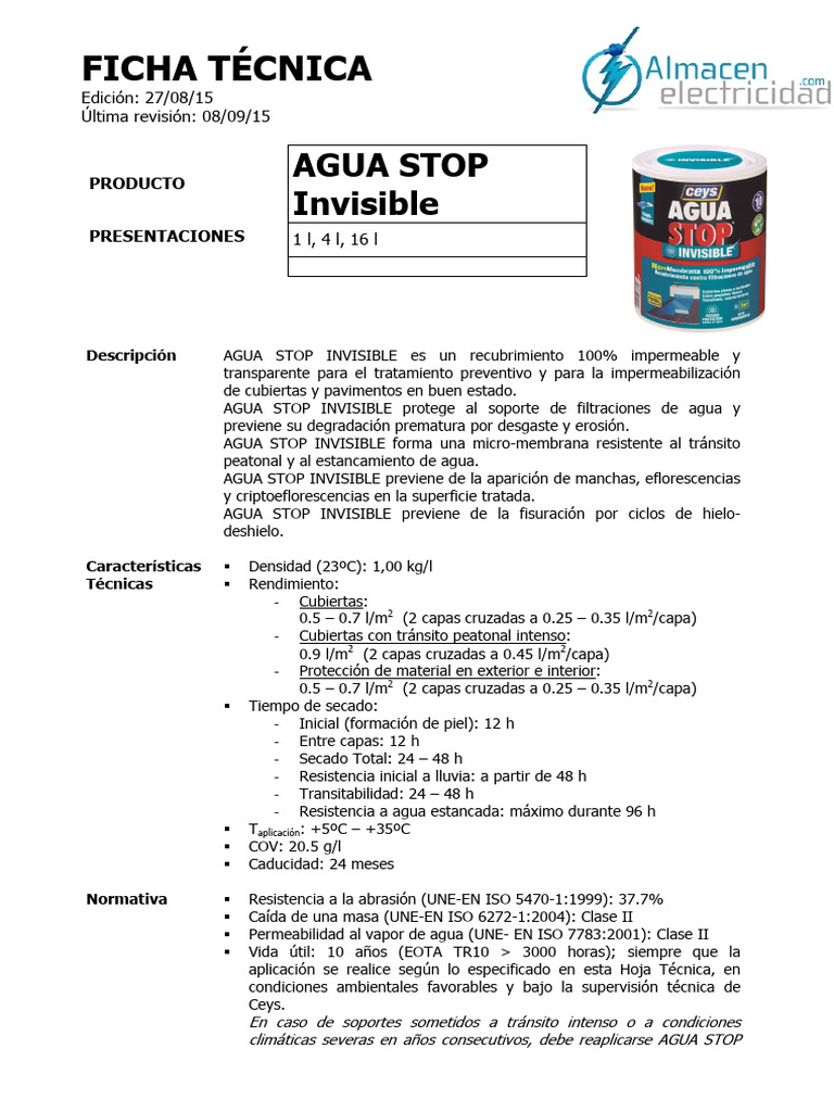 Ficha Tecnica Agua Stop Impermeabilizante Invisible | PDF | Agua | Loseta