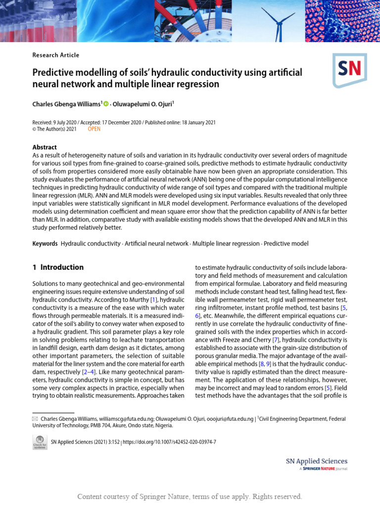 Predictive Modelling of Soils' Hydraulic Conductivity Using Artificial Neural Network and ...