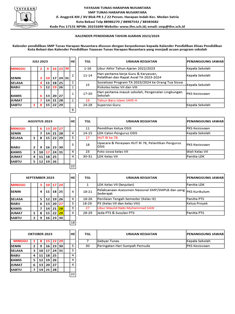 Kalender Akademik 2023-2024 SMP THN Edit 14 Juli 2023 | PDF
