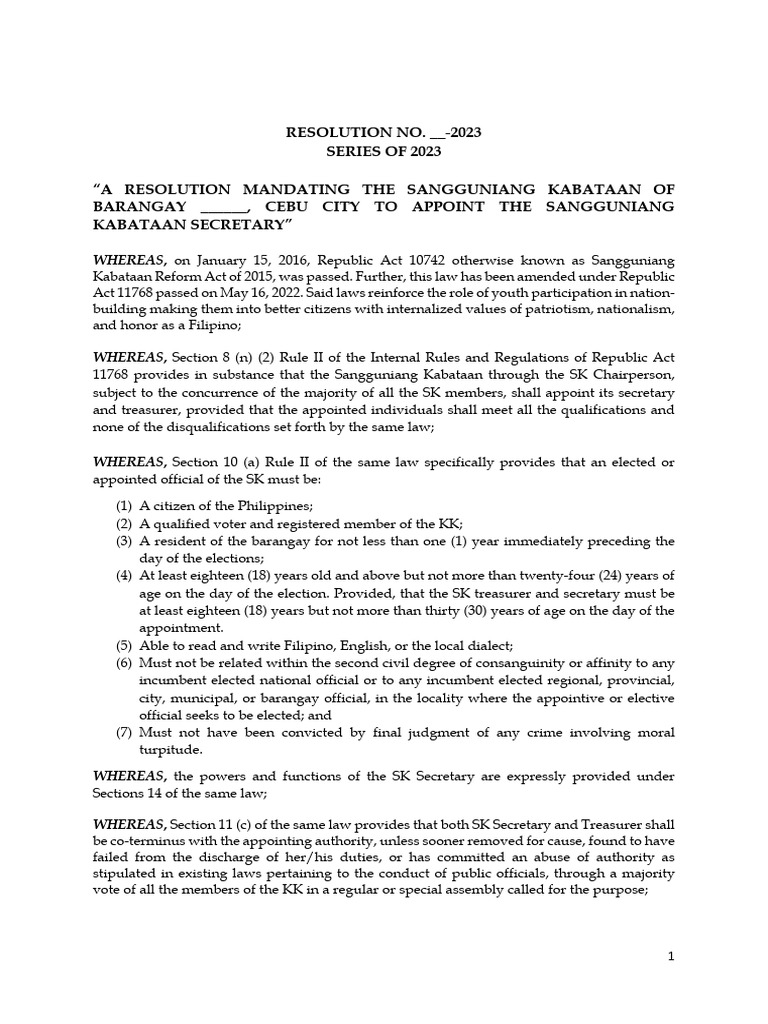 SK Secretary Appointment Resolution | PDF | Government | Justice