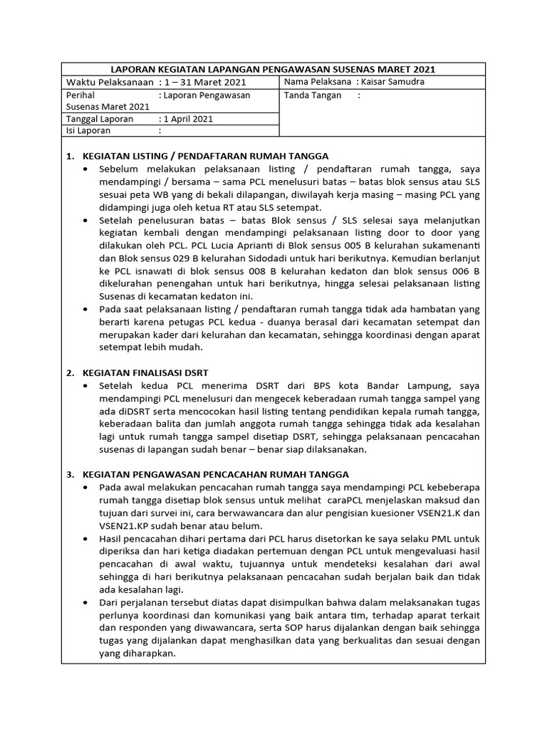 Laporan Kegiatan Lapangan Pengawasan Susenas Maret 2021 | PDF