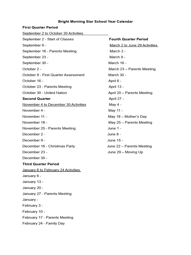 Bright Morning Star School Year Calendar | PDF