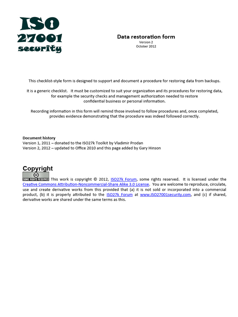 ISO27k Data Restoration Form | PDF | Computer Science | Information Science