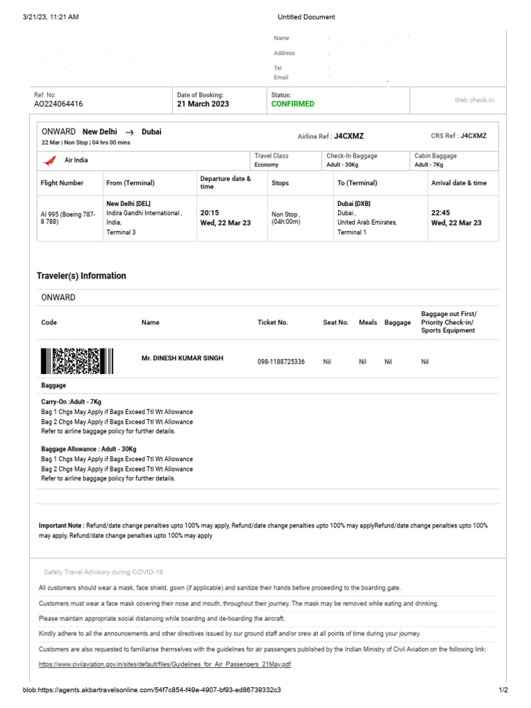 TKT Copy Del To DXB 22 Mar Dinesh PNR - J4CXMZ | PDF
