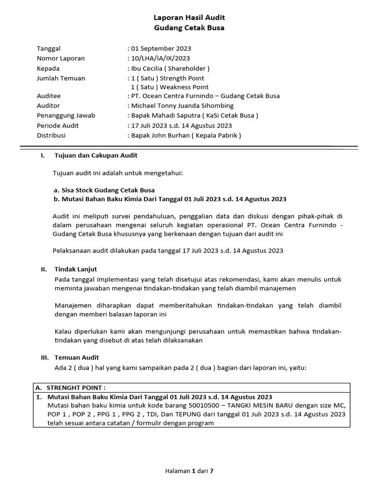 Laporan Hasil Audit Gudang Cetak Busa | PDF