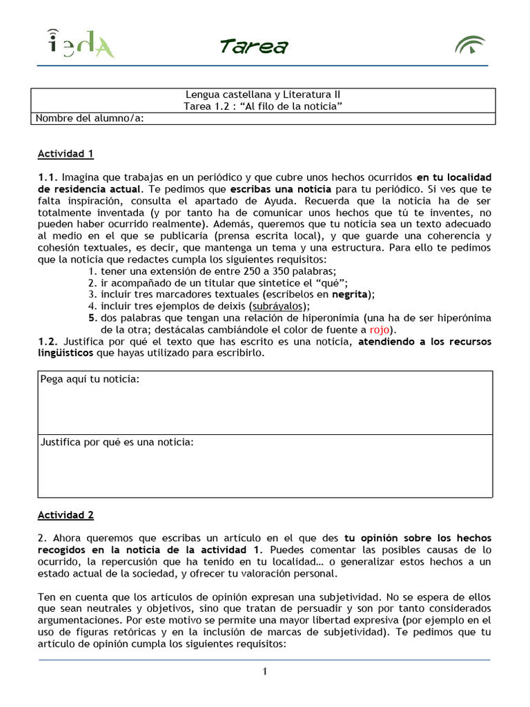 Tarea 1.1 Textos Periodisticos Al Filo de La Noticia | PDF | Oración (Lingüística) | Sintaxis