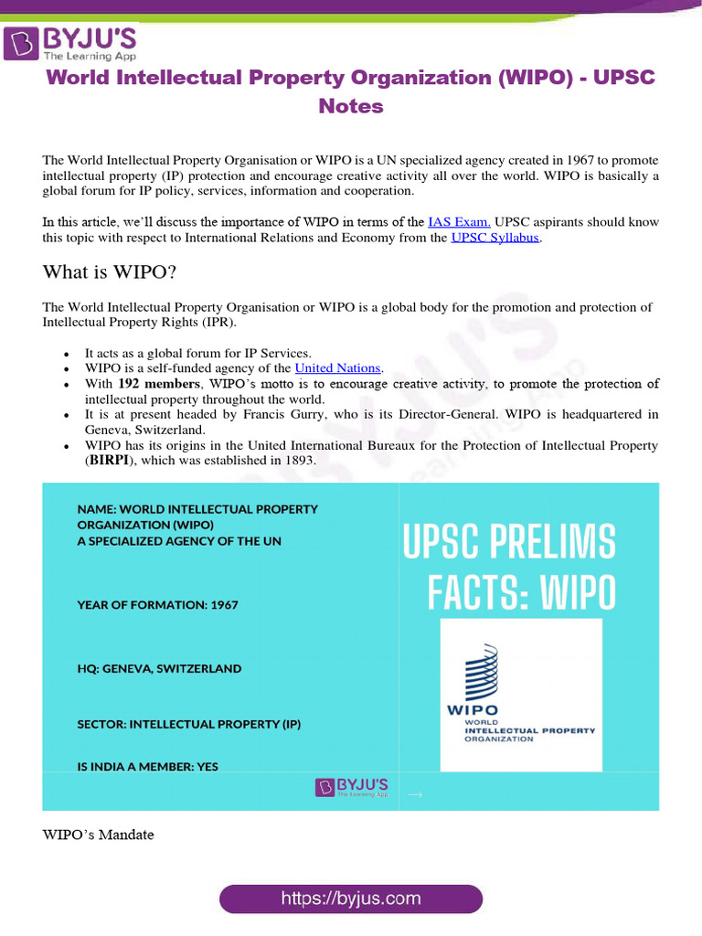 WIPO UPSC Notes | PDF | World Intellectual Property Organization ...