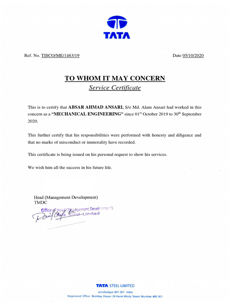 Tata Motors Experience Certificate | PDF | Business