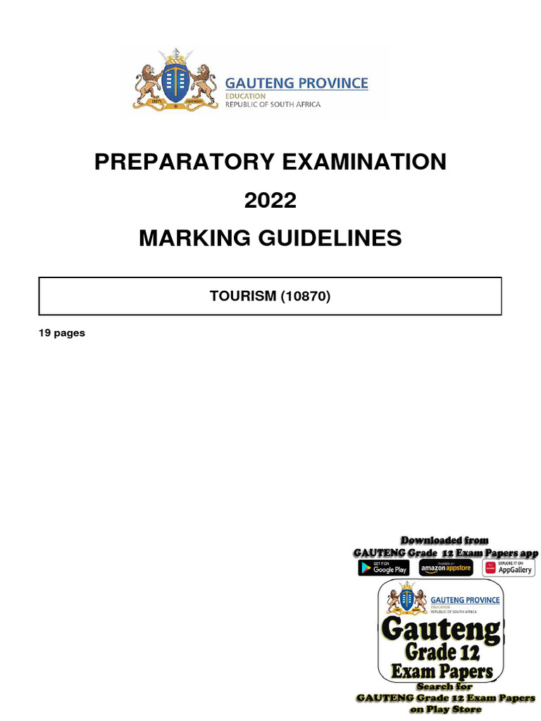 Grade 12 NSC Tourism (English) September 2022 Preparatory Examination ...