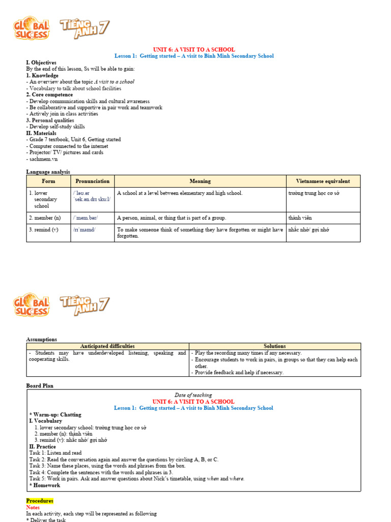 Giáo Án Anh 7 Global TA7-Unit 6 | PDF