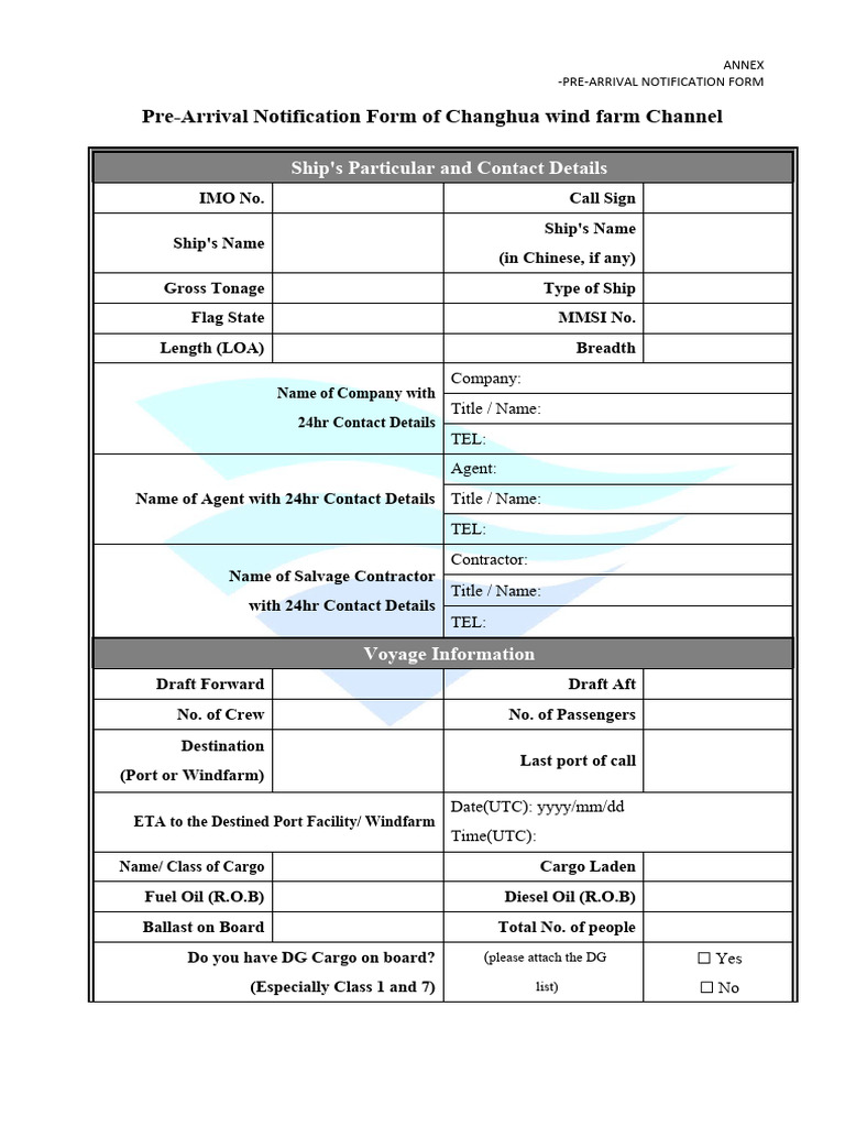 Changhua Wind Farm Channel Pre-Arrival Notification Form | PDF | Ships ...
