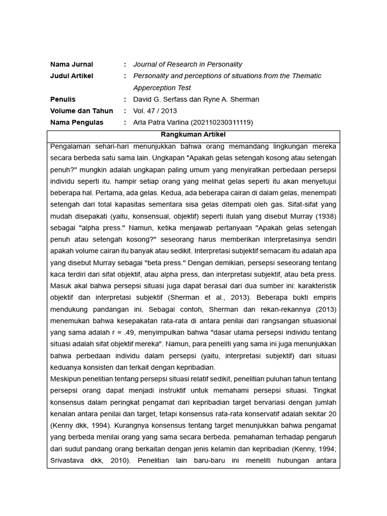 Review Jurnal: Personality and Perceptions of Situations From The ...