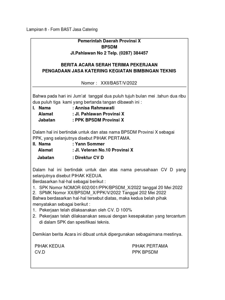 Berita Acara Serah Terima Catering BPSDM | PDF
