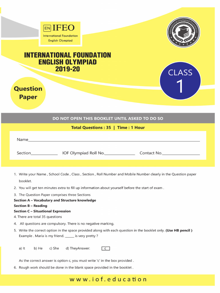 IFEO Class 1 2019 Question Paper | PDF
