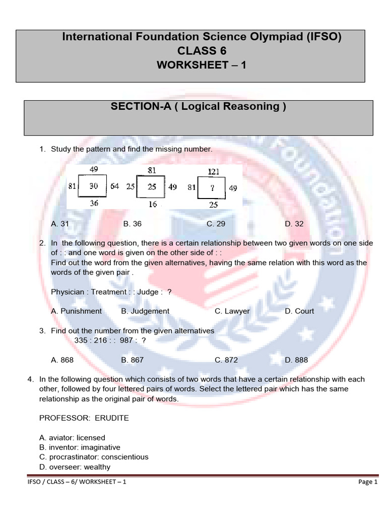 IFSO-Class-6-Worksheet-1 | PDF | Water | Diet & Nutrition