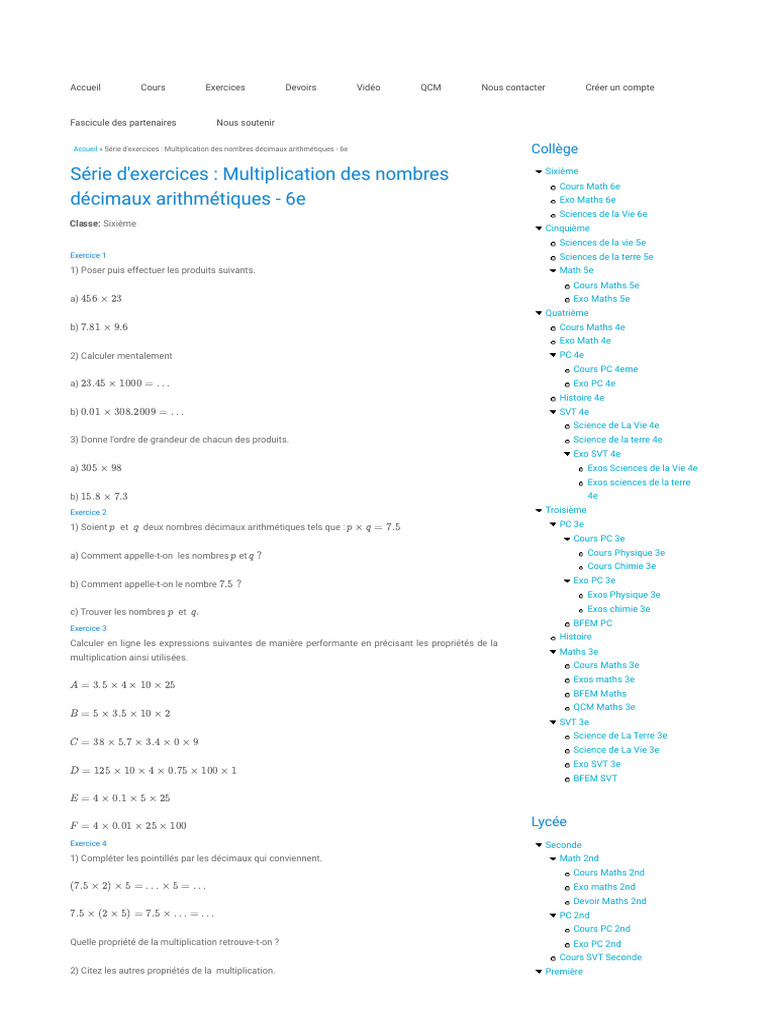 Série D'exercices - Multiplication Des Nombres Décimaux Arithmét | PDF