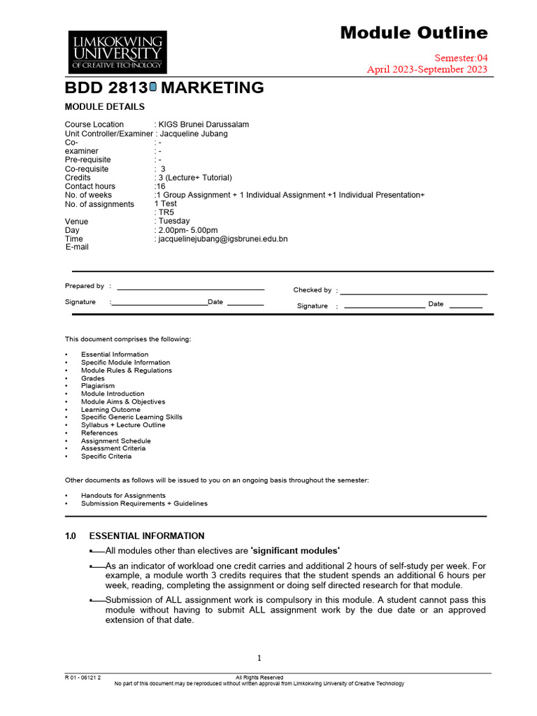 MODULE OUTLINE BDD23813 MARKETING | PDF