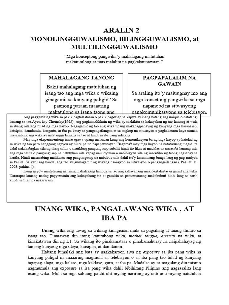 Aralin 2: Monolingguwalismo, Bilingguwalismo, at Multilingguwalismo | PDF