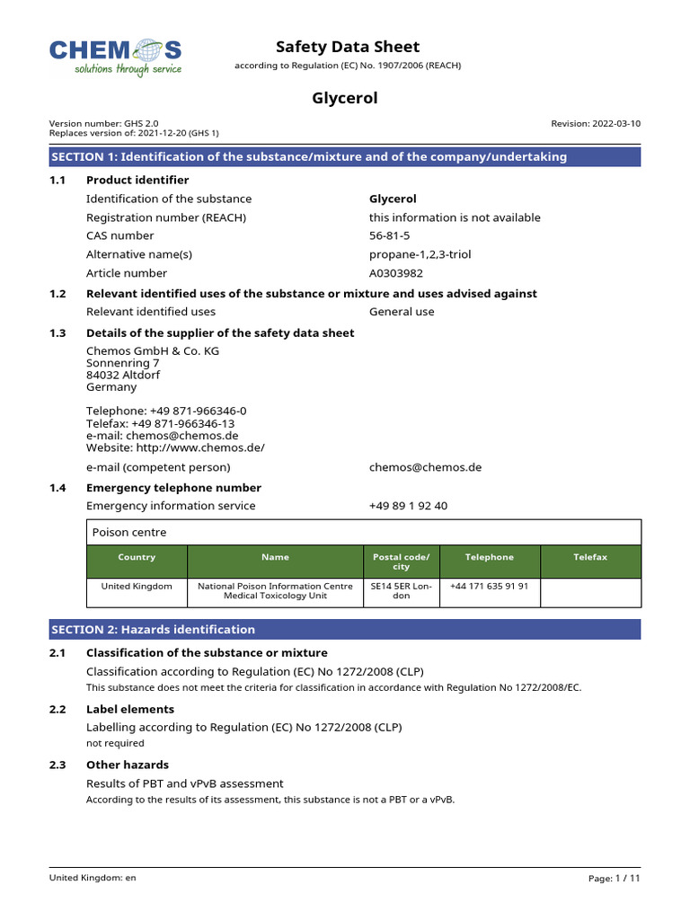 Glycerol SDS | PDF | Dangerous Goods | Workplace