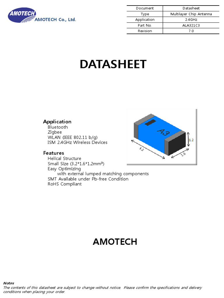 Amotech Datasheet Chipantenna 2.4GHz ALA321C3 | PDF | Printed Circuit ...