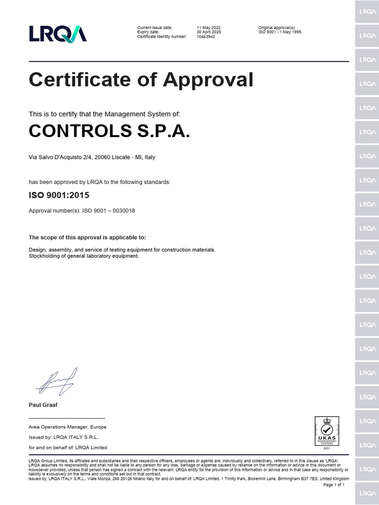LRQA ISO 9001 Certification for CONTROLS S.P.A. | PDF
