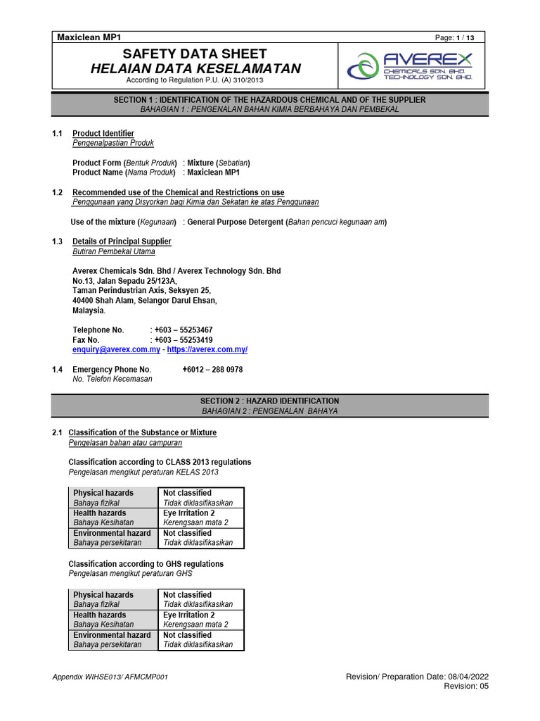SDS - Maxiclean MP1 - REV05.08.04.2022 1 | PDF | Labor Relations | Working Conditions