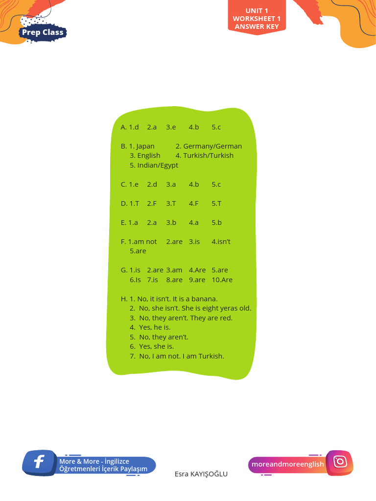 Prep Class - Unit 1 - Worksheet 1 - Answer Key | PDF