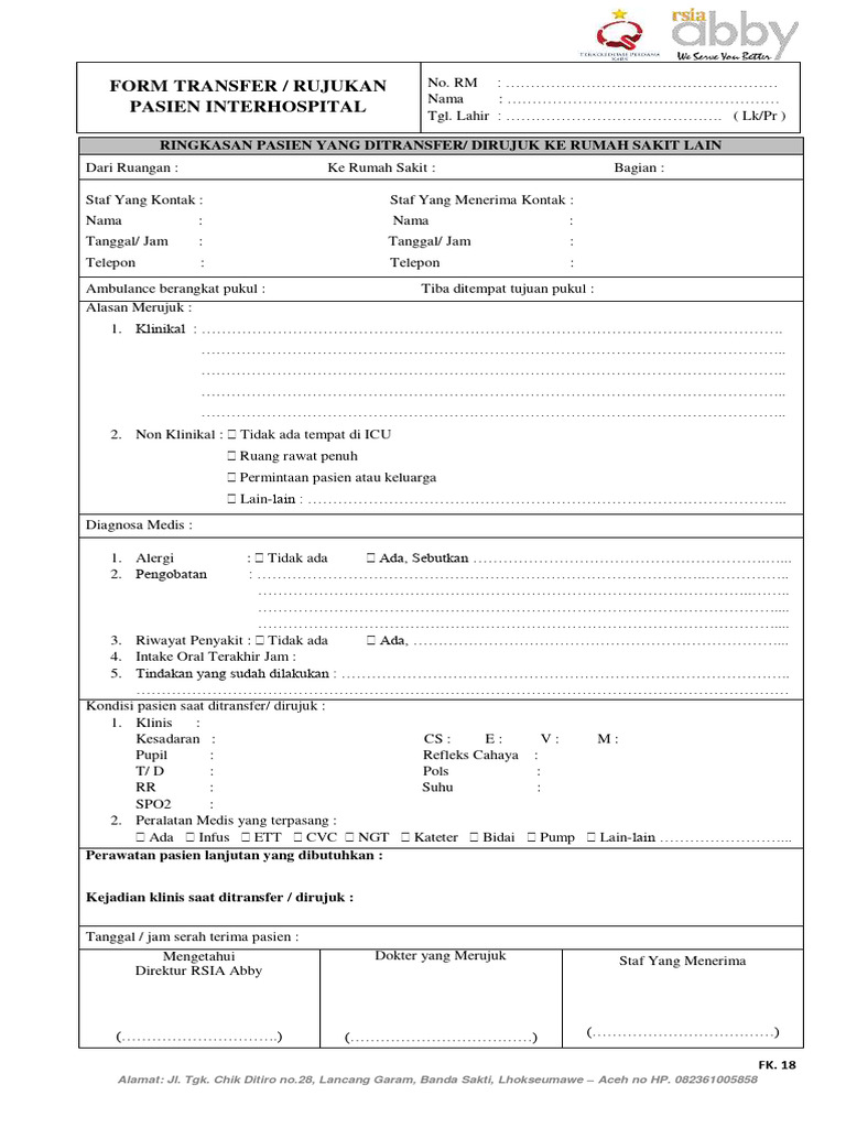 FK 18 Form Transfer Rujukan Pasien Interhospital | PDF