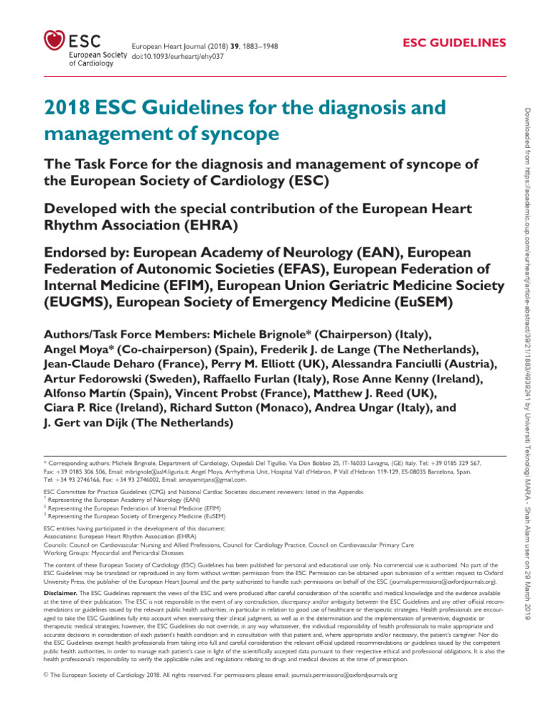 2018 ESC Guidelines For The Diagnosis and Management of Syncope | PDF | Electrocardiography ...