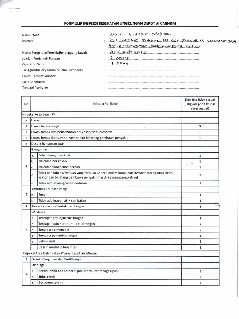 Formulir Inspeksi Kesehatan Lingkungan | PDF