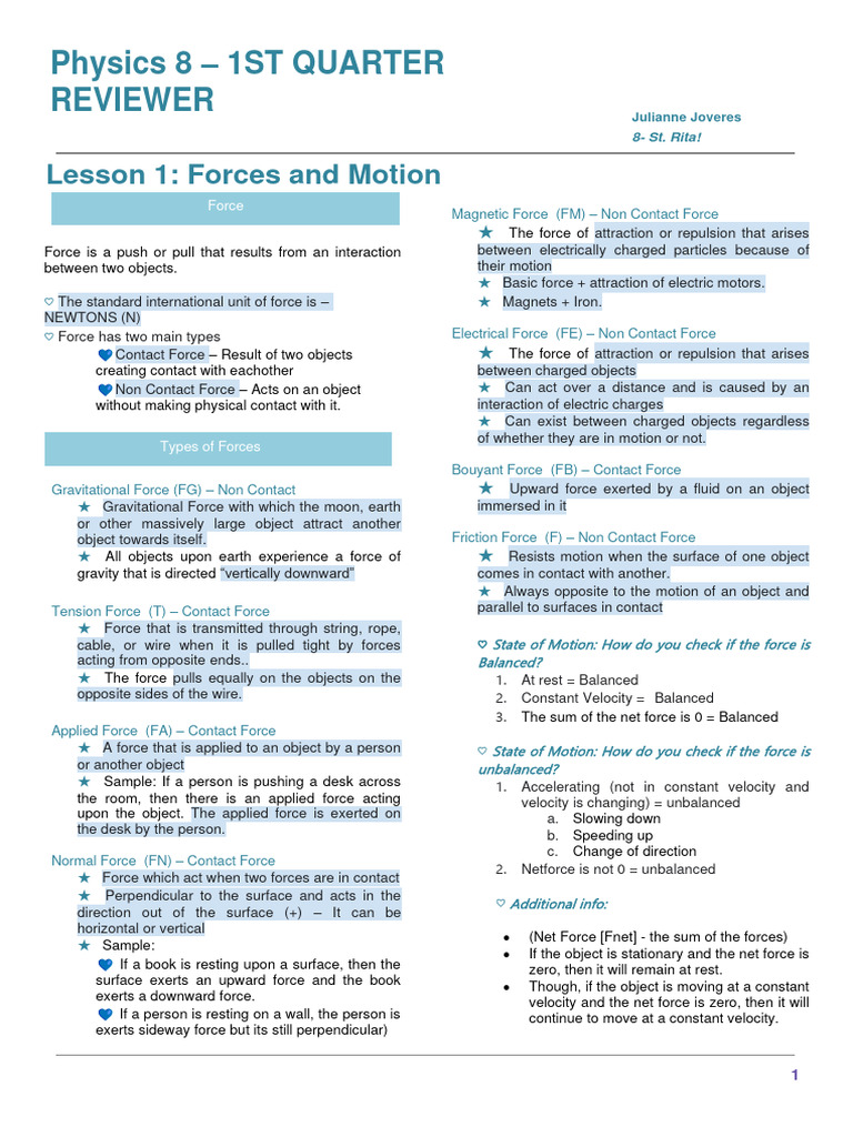 Physics Reviewer 1st Quarter Julie J 8 Rita | PDF | Force | Spacetime