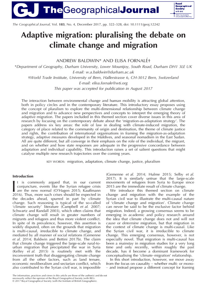 Geographical Journal - 2017 - Baldwin - Adaptive Migration Pluralising the Debate on Climate ...