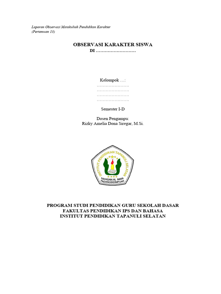 Format Laporan Observasi Pendidikan Karakter PGSD 2023-2024 | PDF | Karier & Perkembangan