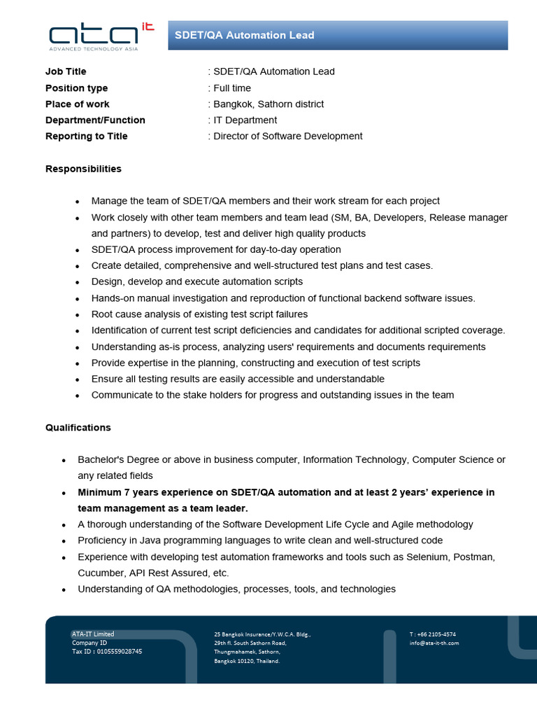 ATA IT JD - SDET Lead 2023 | PDF | Quality Assurance | Software Development Process