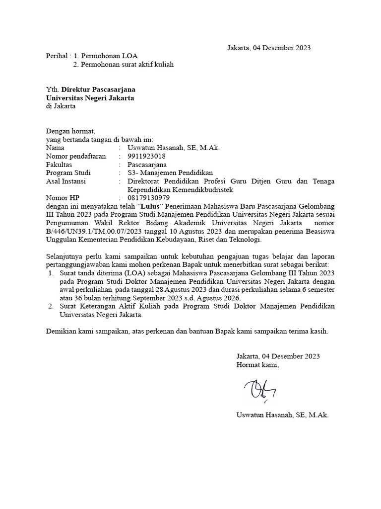 Surat Permohonan LOA Uswatun Hasanah | PDF