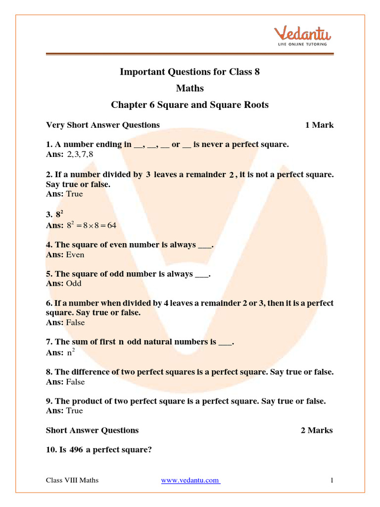 Important Questions of CBSE Class 8 Maths Chapter 6 Squares and Square ...